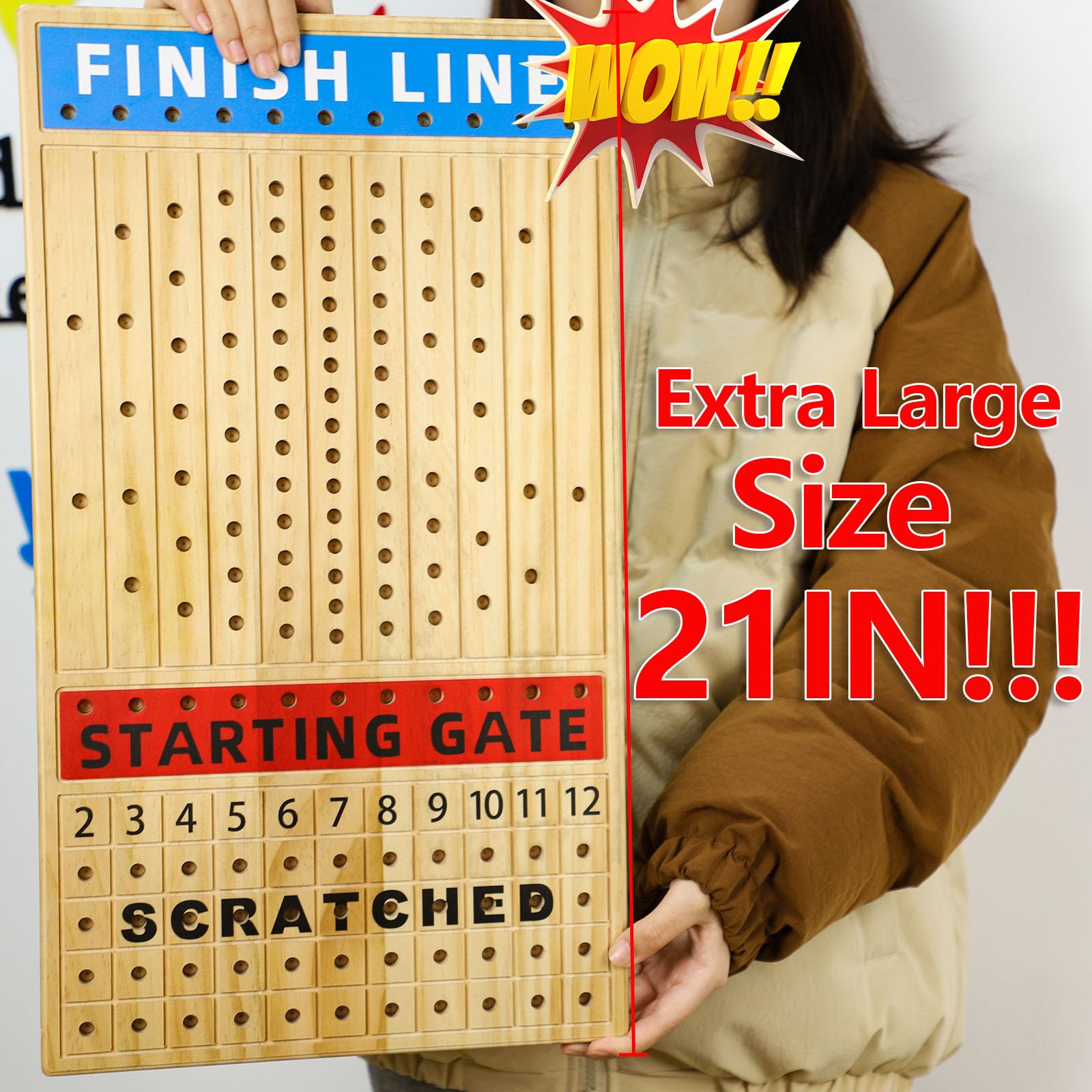 Grhonior Large 21 inches Horse Racing Board Game with 11 Luxury Metal Horses Thickened Wood Game Chessboard Including Dice and Cards FINISH LINE Race Game Board