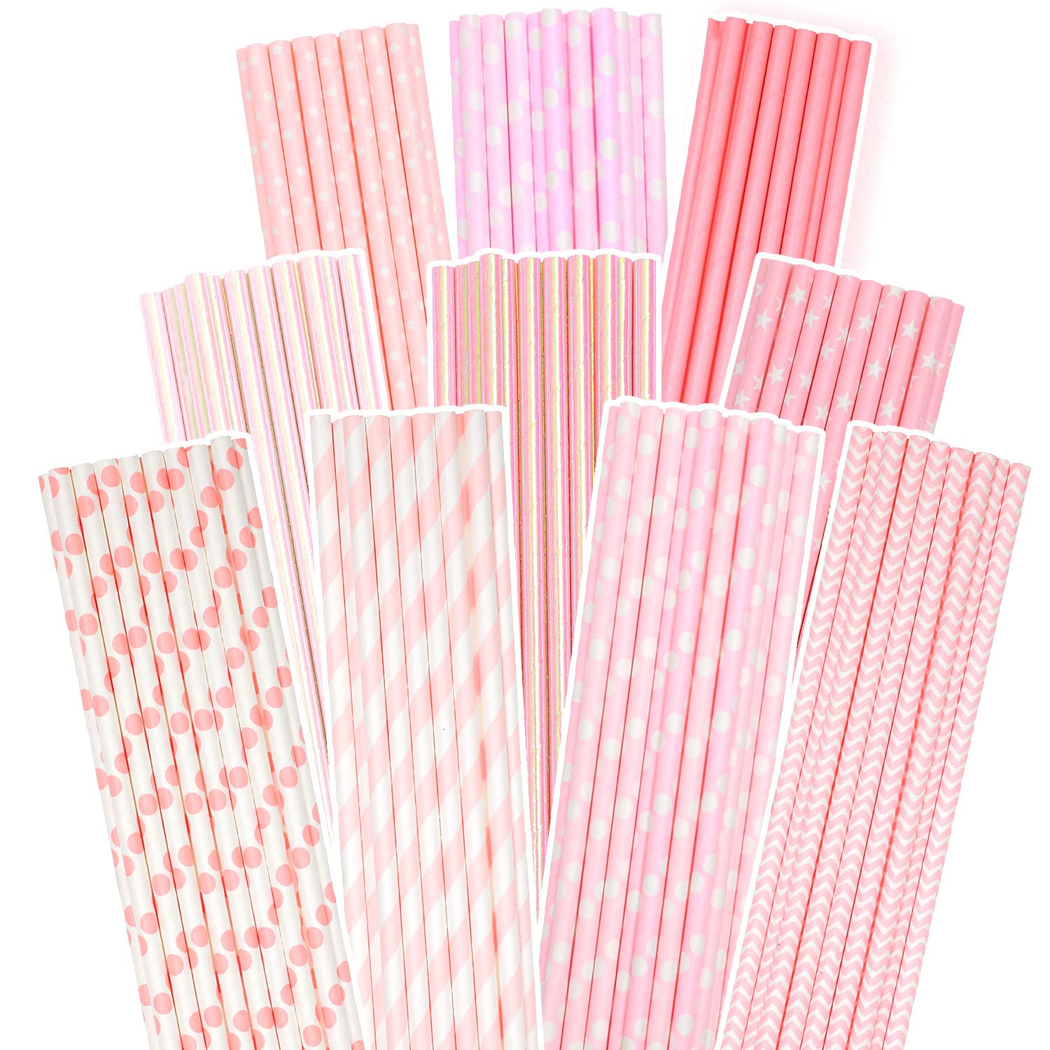 Pink Paper Straws for Drinking Pink Disposable Straws 150pcs Disposable Straws Bulk（10 Pattern） qiqee