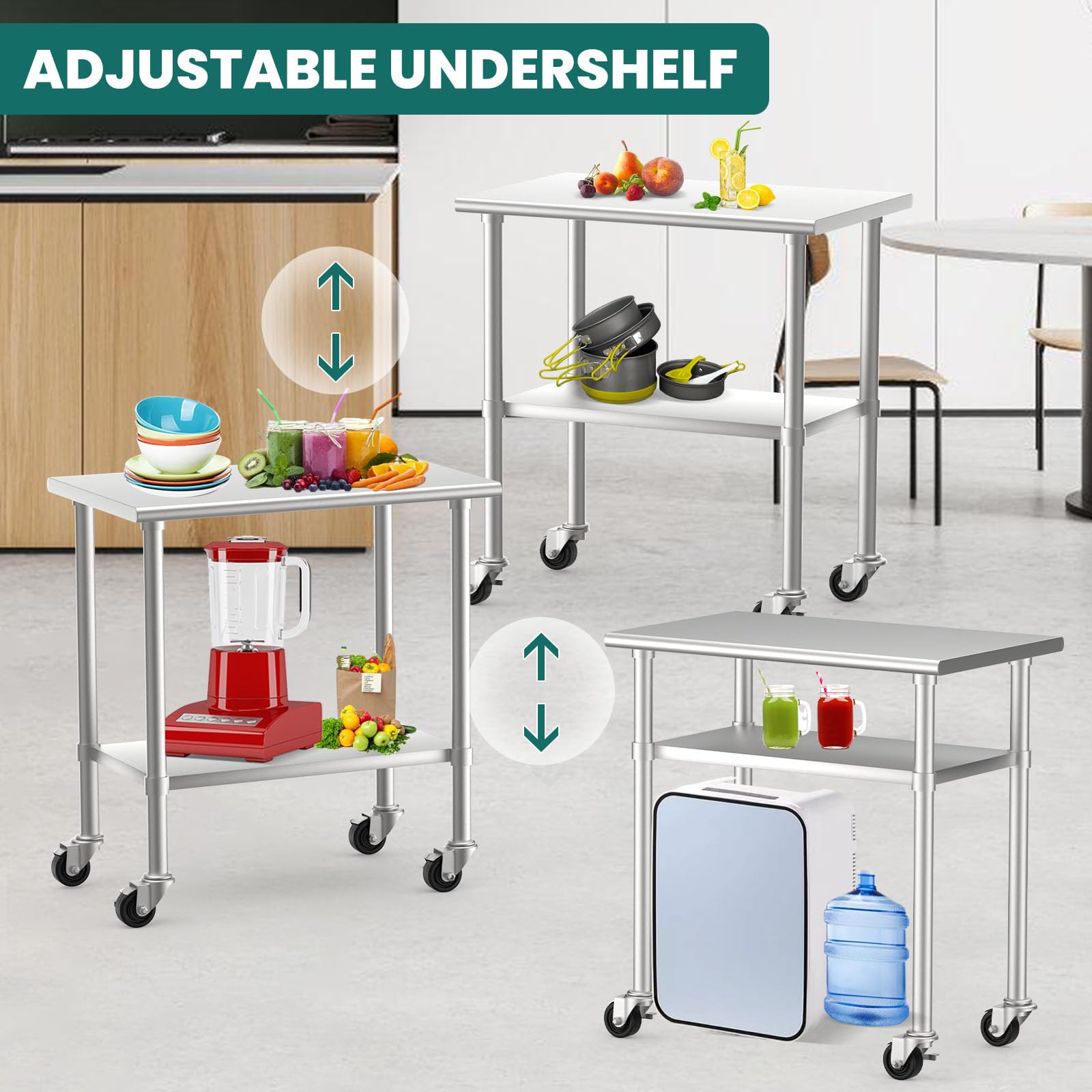 YBLFDY Stainless Steel Table with Wheels, 30x24 Metal Table NSF Stainless Steel Prep Table with Adjustable Undershelf and Backsplash,Stainless Table for Home,Kitchen,Garage,Garden