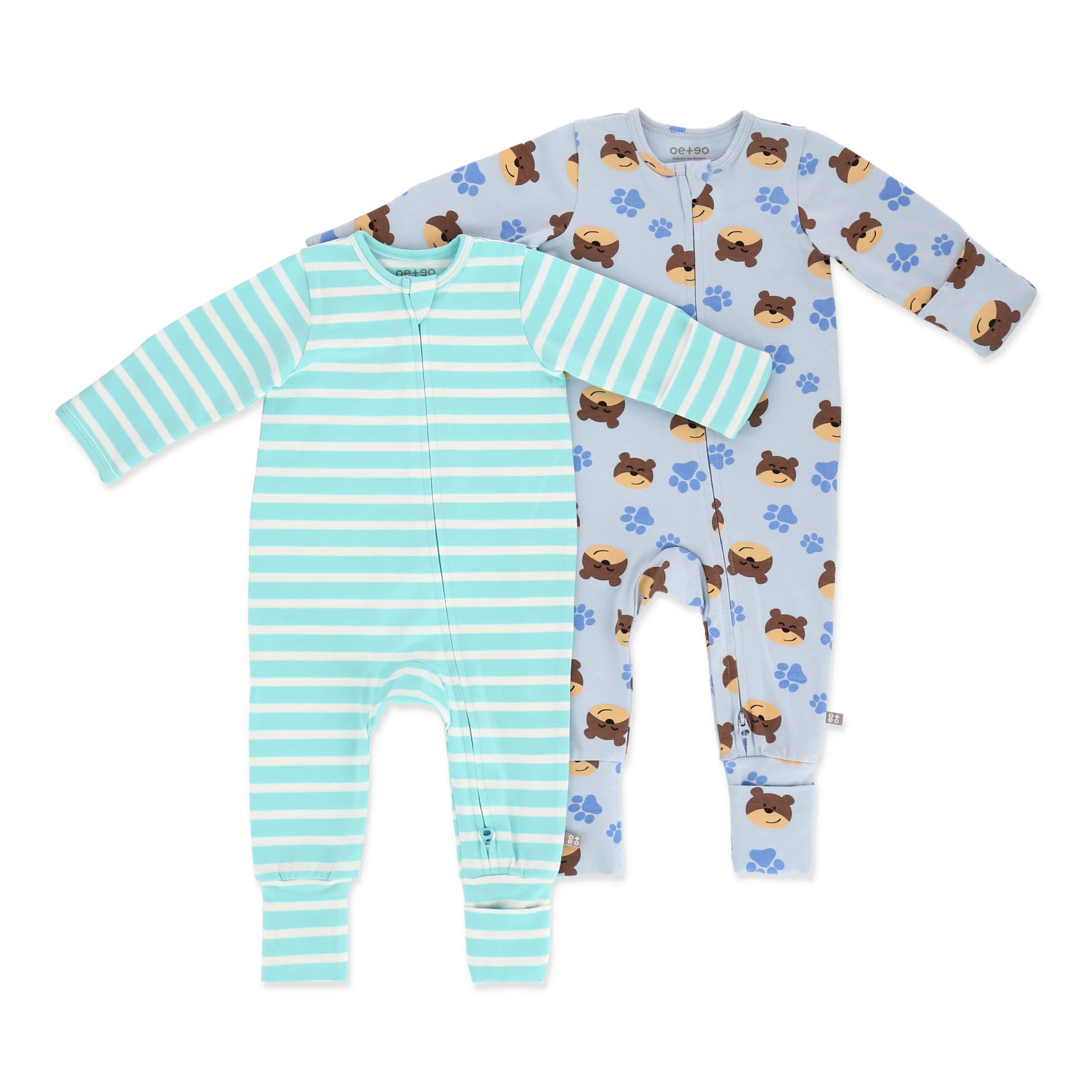 OETEO OEKO-Tex Cotton Zippy Baby Jumpsuits Zipper Rompers - Long Sleeve 2 Way Zip Closure One-Piece Pack (Bosom Buddy Green, 3-6 Months)