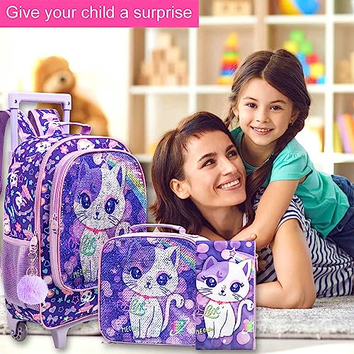 UFNDC 4PCS Rolling Backpack for Girls, Kids Cat Sequin Wheeled Bookbag ,Travel Roller School Bag with Wheels