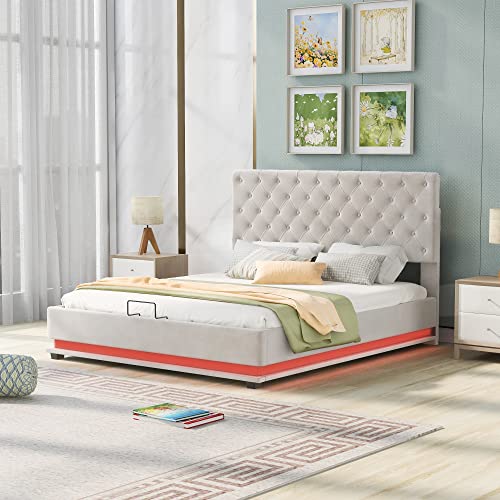SOFTSEA Queen Size Lift Up Storage Bed with LED Lights, Velvet Upholstered Platform Bed with Adjustable Headboard, Hydraulic Storage Platform Bed for Kids Adults (Beige)