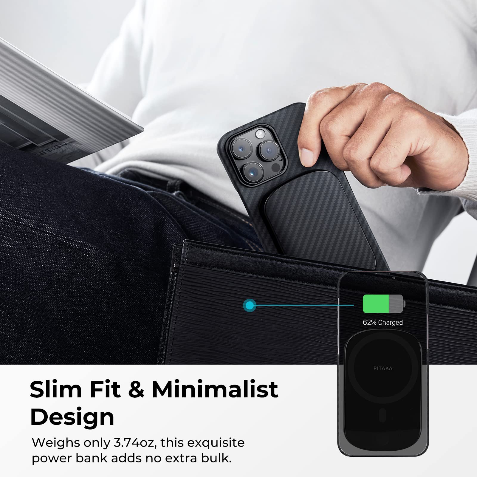 pitaka Wireless Portable Charger Power Bank for iPhone 14/13/12 Compatible with Mag Safe Battery Pack 4000mAh, 1500D Aramid Fiber Made, Black/Grey(Twill)