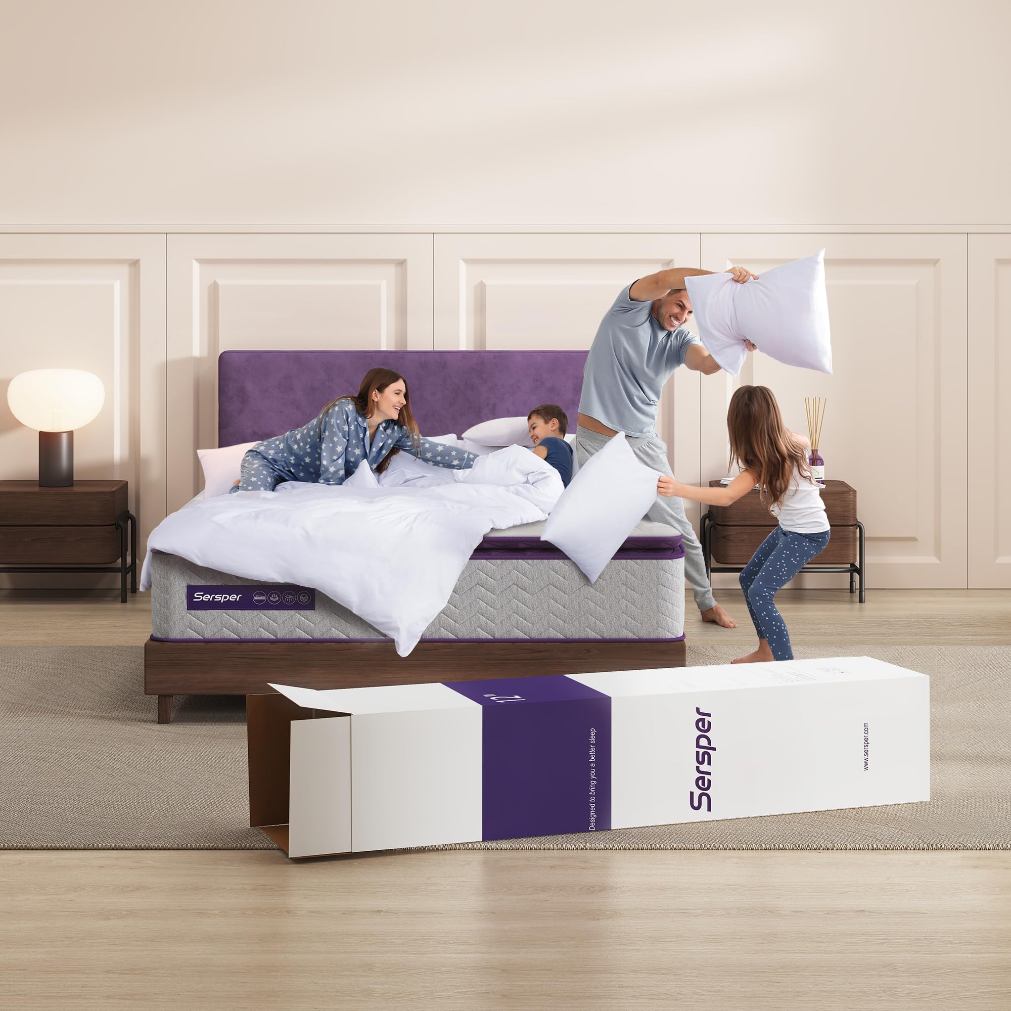 Sersper 10 Inch Memory Foam Hybrid Pillow Top Queen Mattress - 5-Zone Pocket Innersprings Motion Isolation - Heavier Coils for Durable Support - Medium Firm - R&D in North America