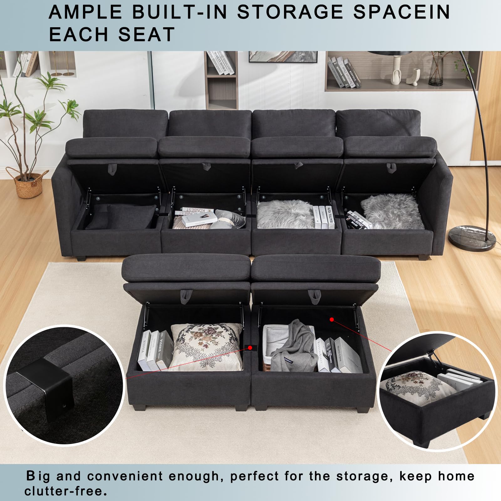 ZIGHTH Modular Sectional Living Room Sofa Couch Set, Convertible L Shaped Sofa Couch with Storage, 5 Seater Modular Sectionals Sofa Couch with Chaise and Adjustable Backrest. Dark Grey