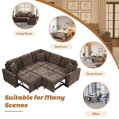 WOODRK 82.6" L-Shaped Sleeper Sofa Bed with Pull-Out Beds, Modern Convertible Couch with Wheels, USB Charging Ports, Power Sockets and 3 Pillows, for Living Room, Office, Brown