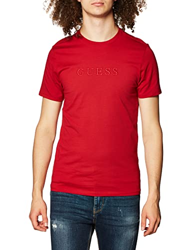 GUESS Men's Essentials Short Sleeve Pima Embroided Logo Crew, Chili Red, Large