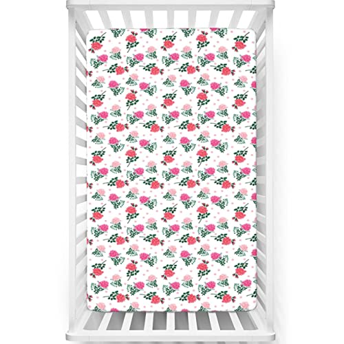 Rose Themed Fitted Mini Crib Sheets,Portable Mini Crib Sheets Soft and Breathable Bed Sheets-Great for Boy or Girl Room or Nursery,24β x38β,Rose Dark Coral