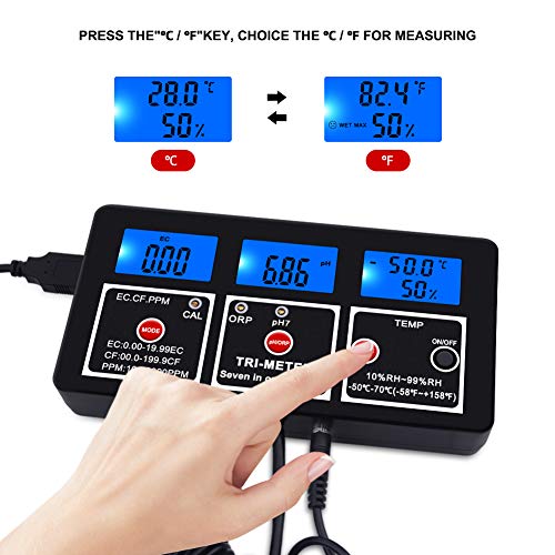 RCYAGO 7 in 1 pH/RH/EC/CF/TDS(PPM)/ORP/Temperature Rechargeable Multi-Parameter Wall-Mount Water Quality Tester