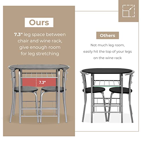 VINGLI 3 Piece Dining Set,Small Kitchen Table Set for 2,Breakfast Table Set,Kitchen Wooden Table and 2 Chairs for Small Space/Dining Room/Apartment,Metal Frame,Wine Rack,Sliver&Black