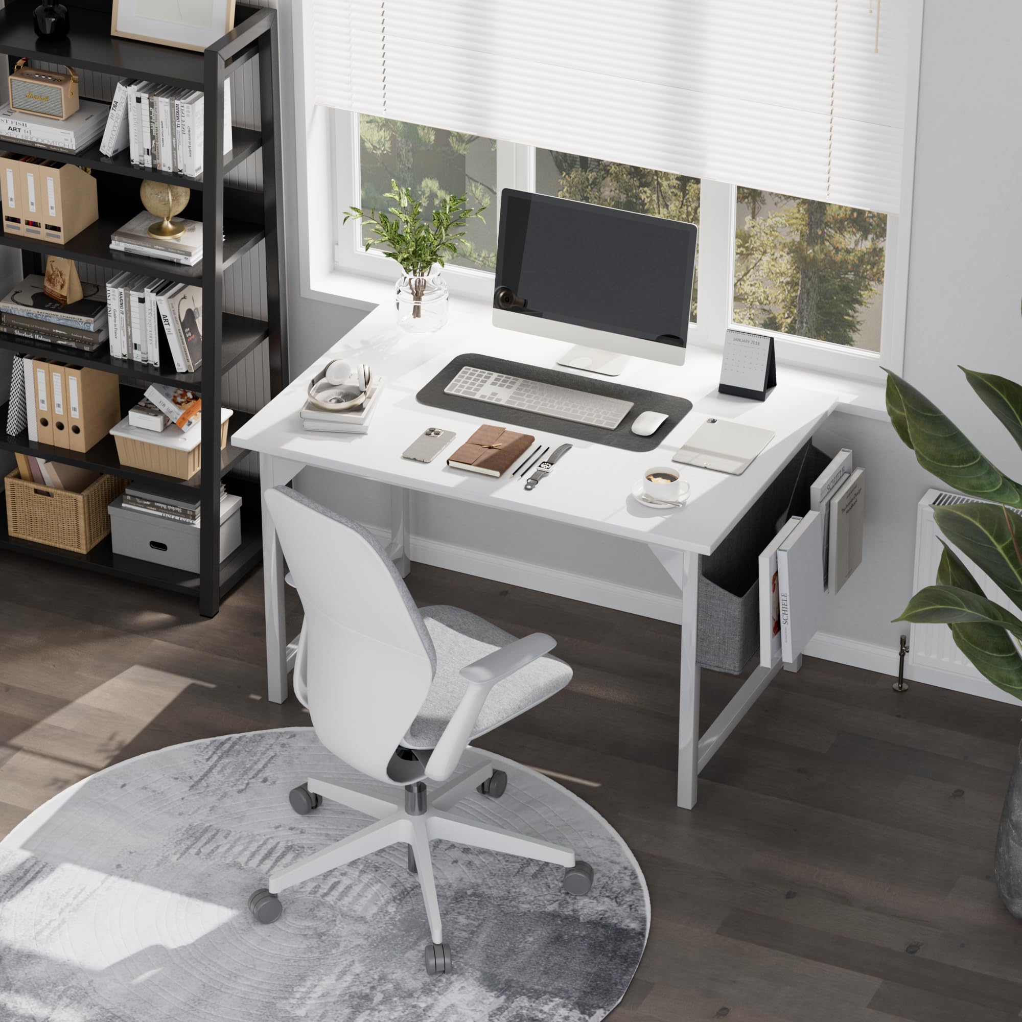 Shahoo 48 Inch Computer Desk, Wood Modern Simple PC Home Office Table with Storage Bag and Headphone Hook for Home, Office, Study, Writing, Oak