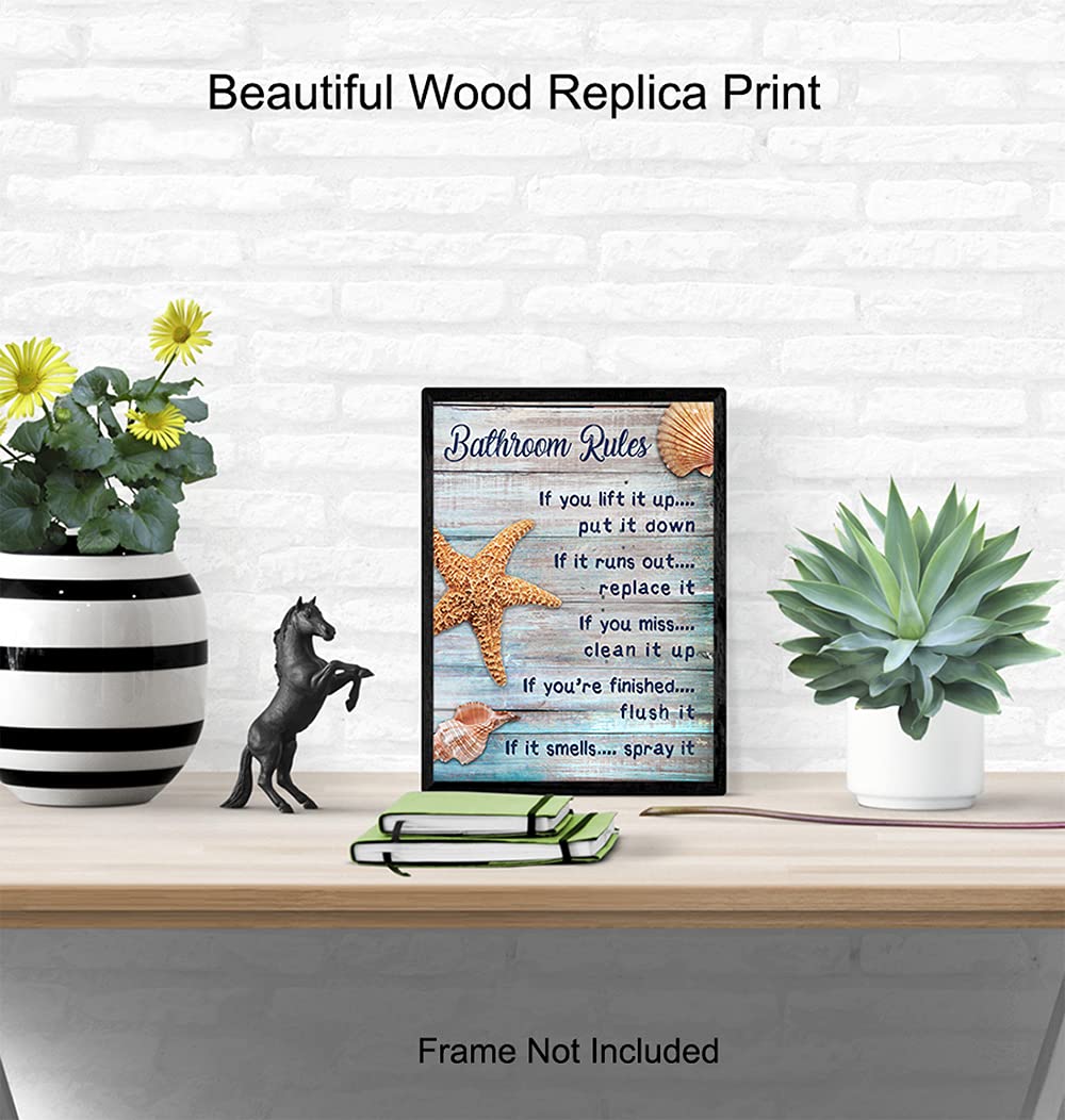 Nautical Rustic Bathroom Decor - LARGE 11x14 - Coastal Beach House Bathroom Rules Wall Art - Starfish, Seashells Restroom Sign, Bath Art - Ocean, Sea House Powder Room Art - Shabby Chic Gift