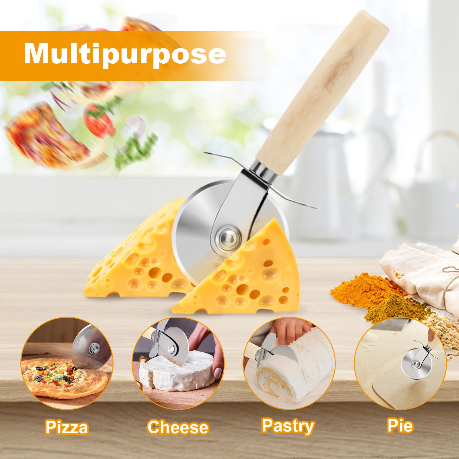 Pizza Cutter Wheel,Stainless Steel Pizza Slicer with Finger Guard Protection,Classic Pizza Cutter with Wooden Handle and Sharp Blade,Dishwasher Safe