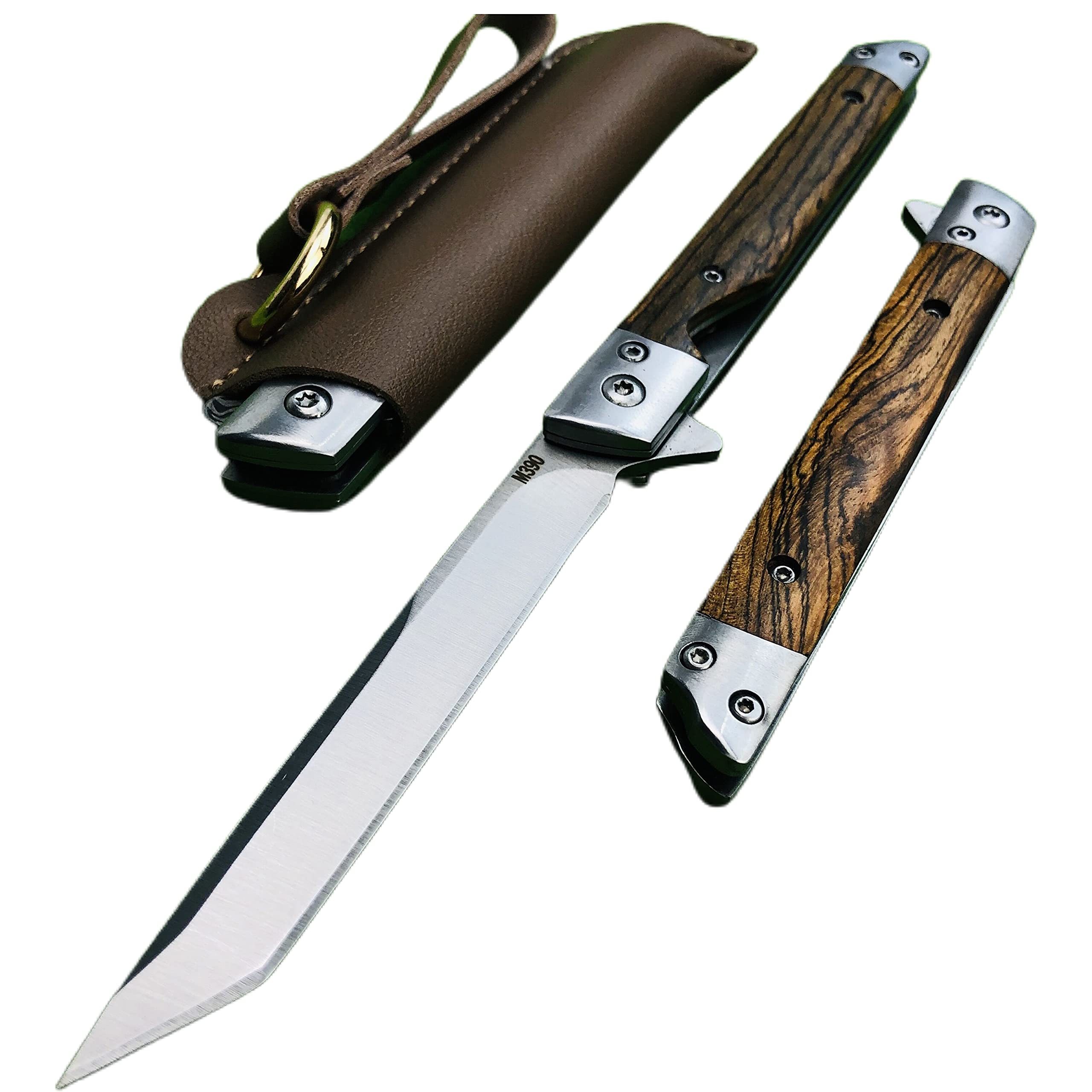 HOLYEDGE 8.5" Wooden Handle Damascus Style Folding Blade Knife - Best Outdoor Camping,Hunting Tactical Survival Knife W/Sheath (Tanto Blade)