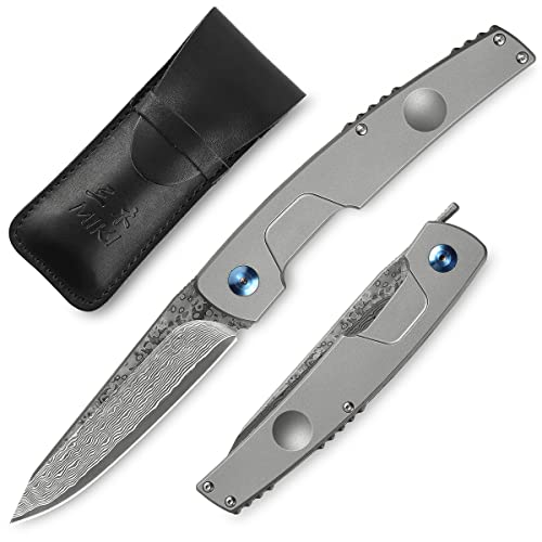 Miki Camping Pocket Folding Japanese Knife, Titanium Handle, Frame Lock, Handmade Damascus Steel Blade, Leather Sheath
