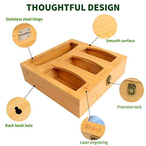SOGUAOLO Bamboo Ziplock Bag Storage Organizer and Dispenser for Kitchen DrawerâFood Storage Bag Holders Compatible With Gallon, Quart, Sandwich & Snack Variety Size Bags.
