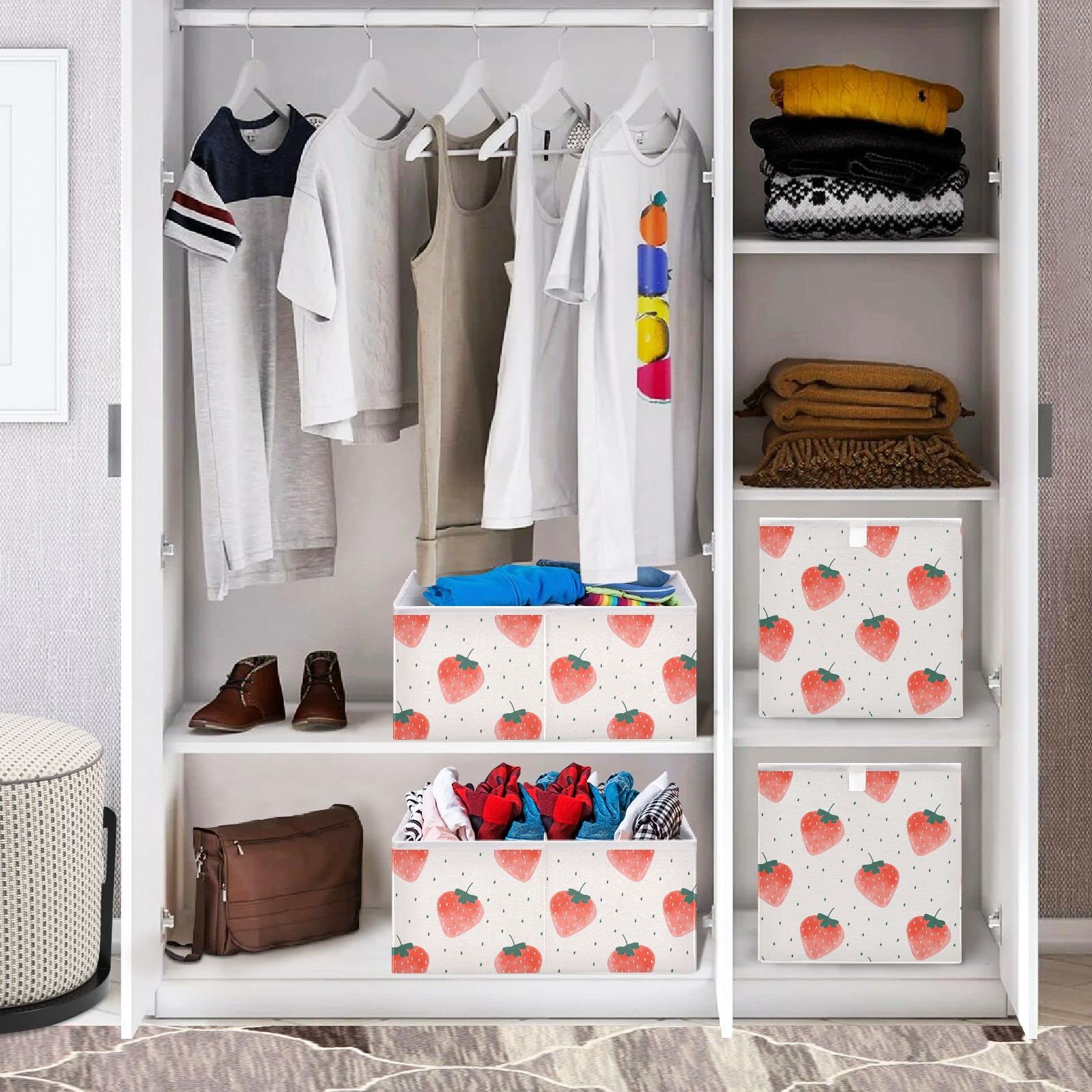 Vnurnrn Kawaii Strawberry Cube Storage Bins, Collapsible Storage Box with Support Board, Foldable Fabric Baskets for Shelf Closet Cabinet 11.02×11.02×11.02 in