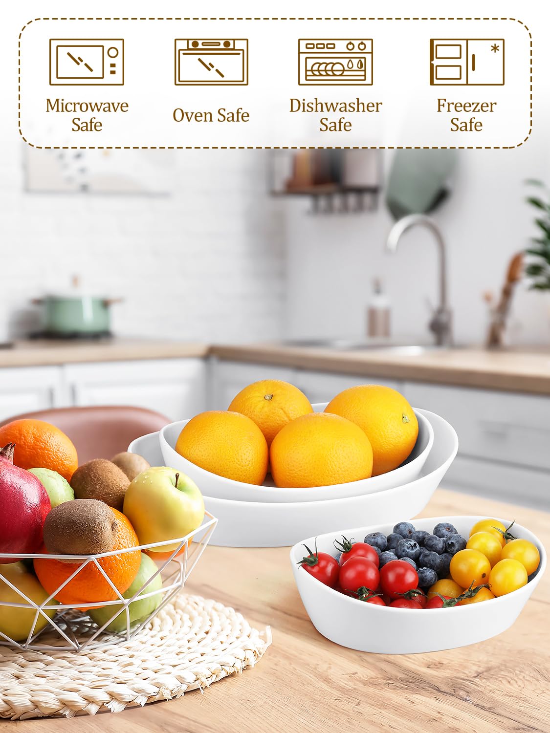 Yedio Fruit Bowls for Kitchen Counter, 3 Tier Ceramic Fruit Basket with Serving Bowls Metal Stand, Tiered White Porcelain Bowls for Fruit Vegetable Storage, Snack, Nuts, Cake, Dessert