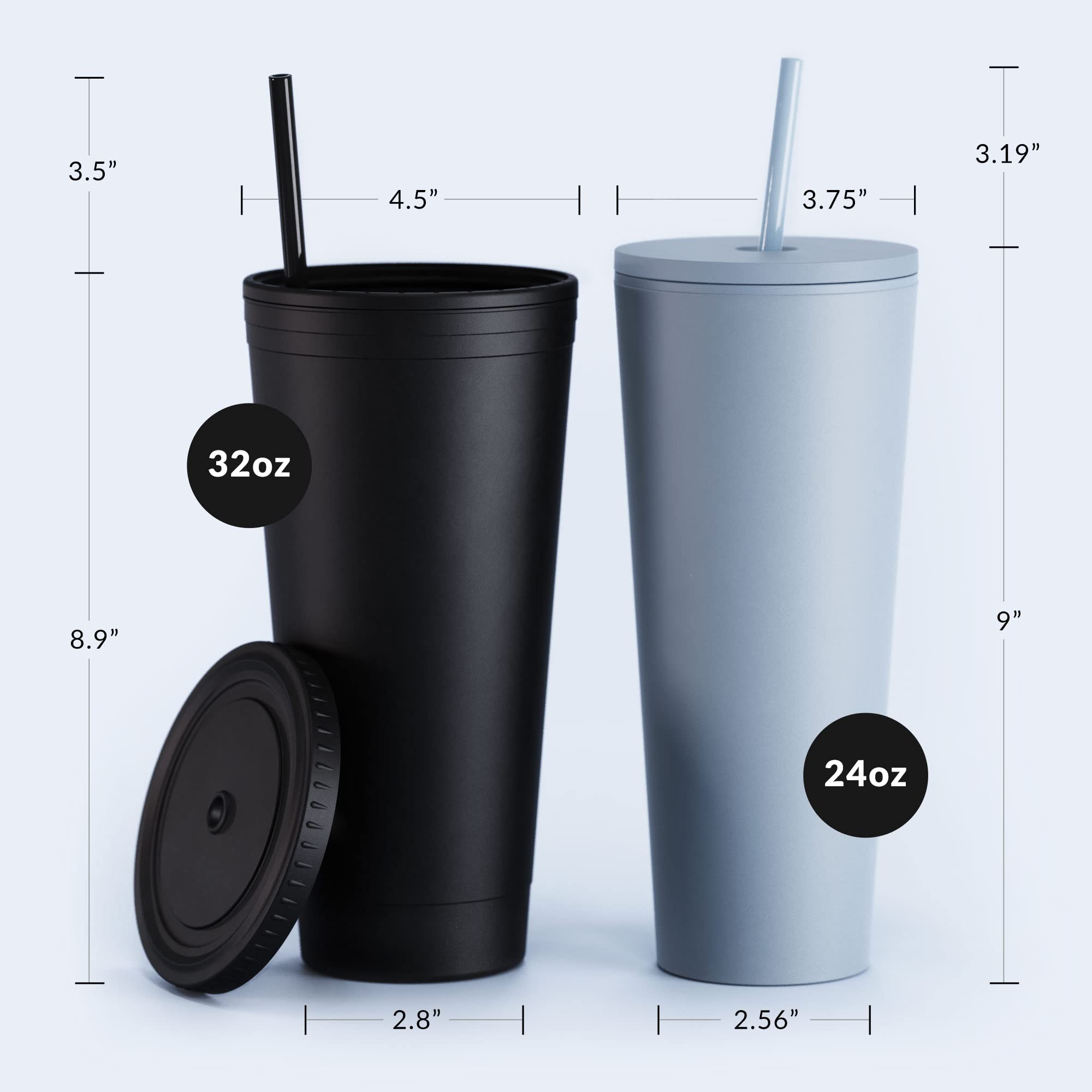Maars Classic Acrylic Tumbler with Lid and Straw | 24oz Premium Insulated Double Wall Plastic Reusable Cups - Clear, 8 Pack