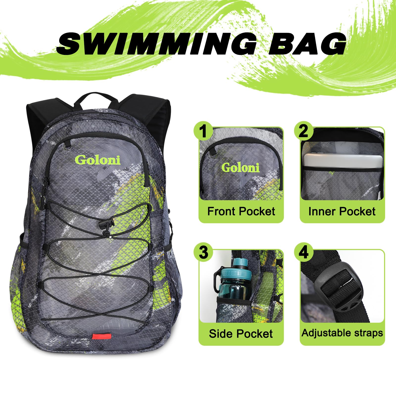 Goloni Swim Bag Lightweight Mesh Beach Bag Quick Dry See Through Backpack For Swimming Beach Gym Workout Gear (Black)