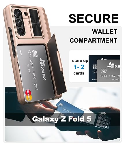 SIXBOX for Galaxy Z Fold 5 Case with Card Holder & Screen Protector & S Pen Holder & Slide Camera Cover & Hinge Protection, Shockproof Wallet Phone Case for Samsung Z Fold 5 2023, Rose Gold