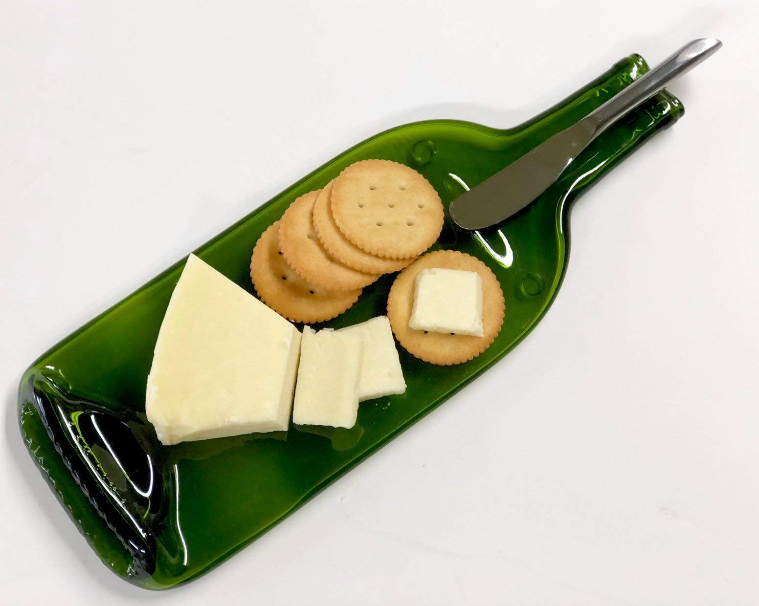 Melted Wine Bottle Cheese Serving Tray with Cheese Spreader and Red Ribbon, Unique Christmas Gift by Mitchell Glassworks