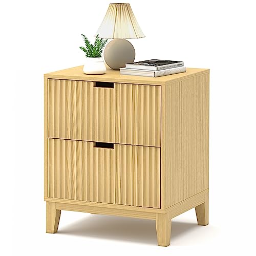 WiberWi Nightstand, Side Table, Farmhouse End Table with 2 Drawers and Open Storage, Bedside Table for Bedroom, Living Room and Small Spaces, Night Stand with Solid Wood Legs, Natural