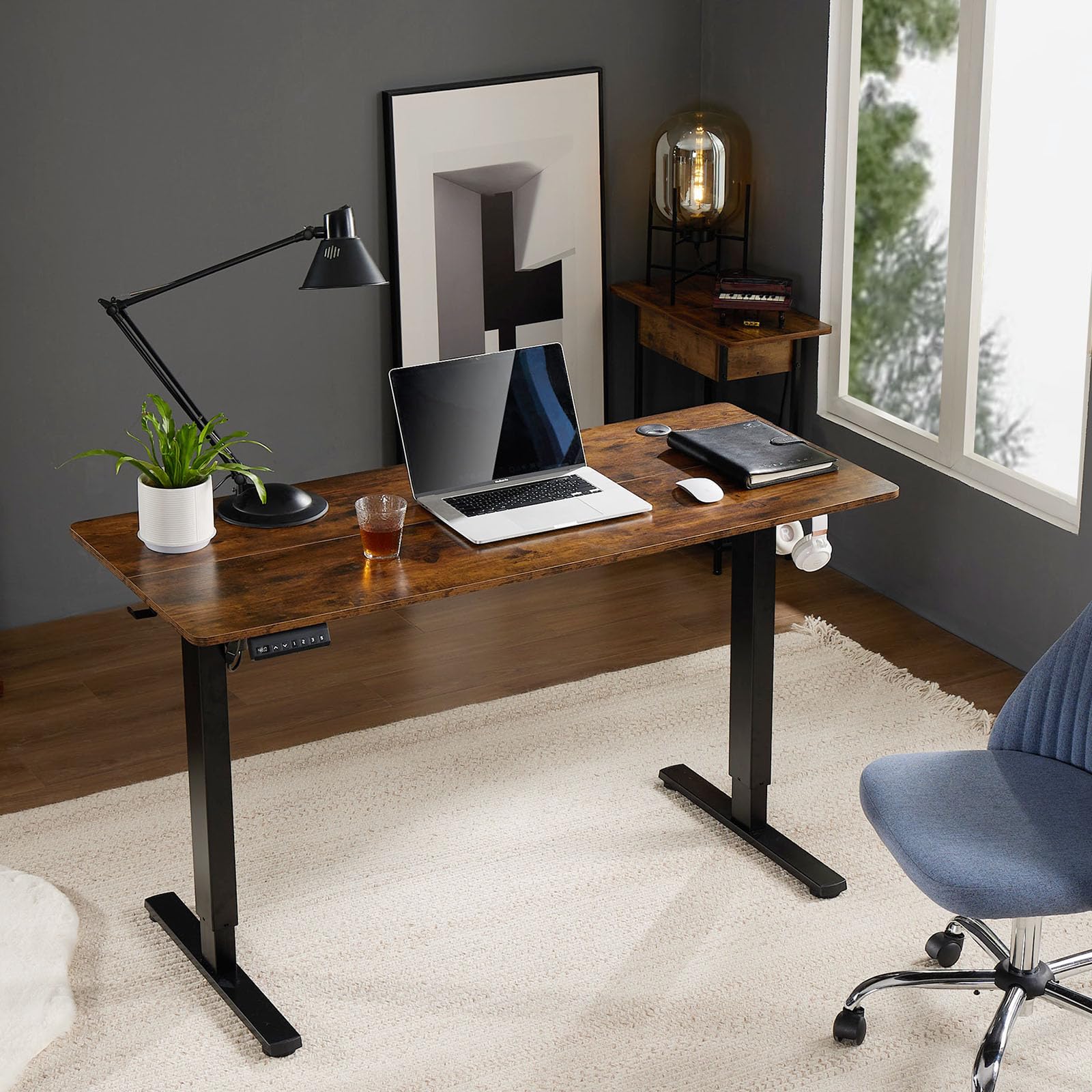 Sweetcrispy Electric Standing Desk - 48 x 24 inch Adjustable Height Sit to Stand Up Desk with Splice Board, Rising Home Office Computer Table with 2 Hook and Wire Hole for Work