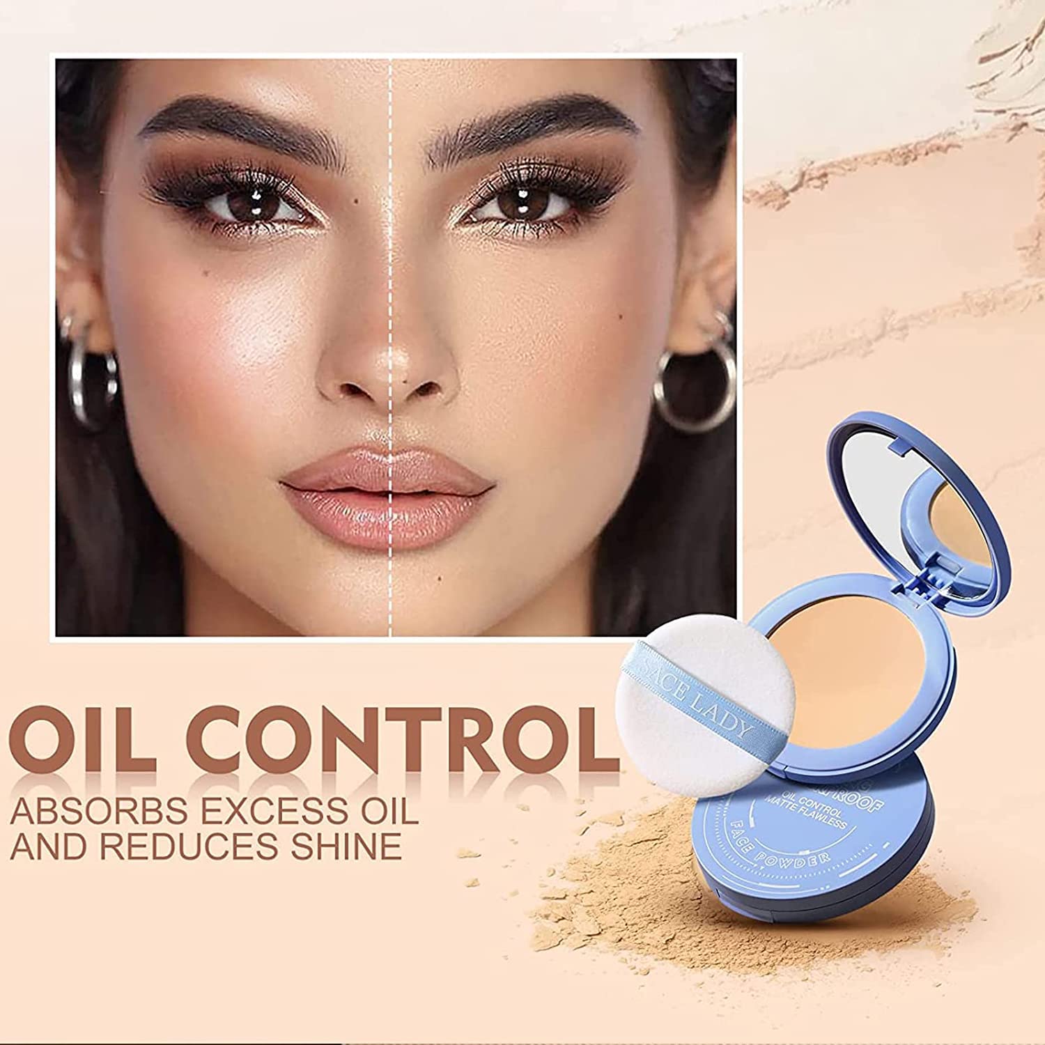 Oil Control Face Pressed Powder, Matte Smooth Setting Powder Makeup, Waterproof Long Lasting Finishing Powder, Silk Soft Mist Lightweight Face Cosmetics, Natural Beige