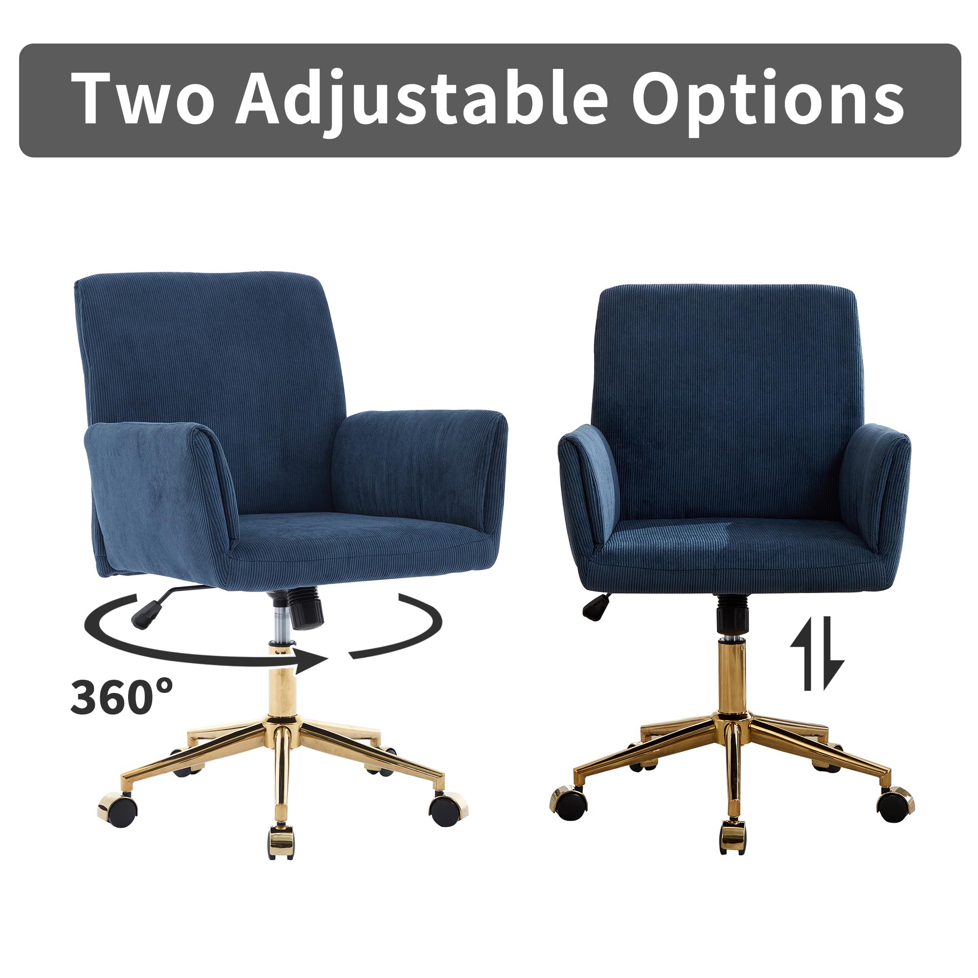 Stripes Velvet Home Office Desk Chair Accent Upholstered Modern Height Adjustable 360° Armchairs with Gold Base for Women Girls Ergonomic Study Seat Computer Task Stools for Living Room(Navy Blue)