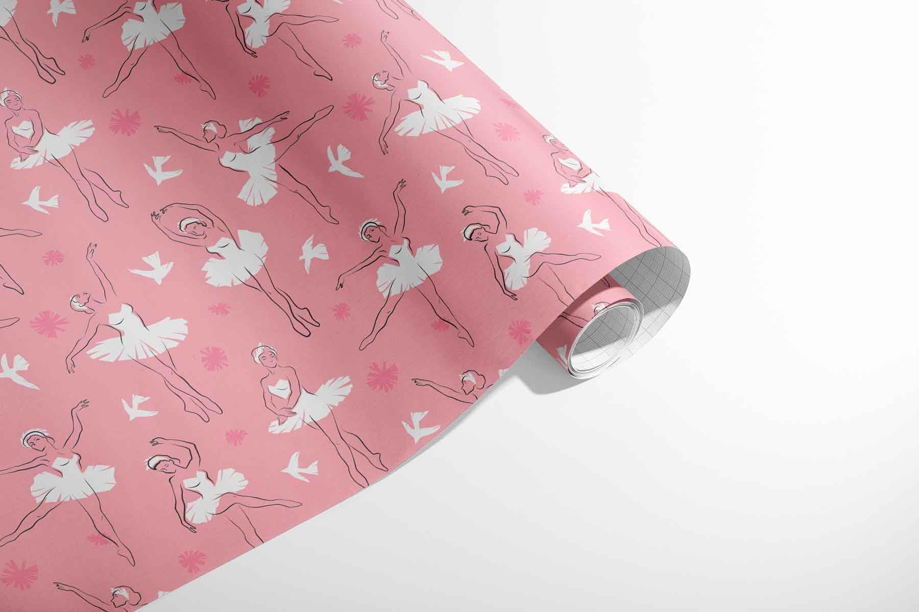 WOPARTY Pink Wrapping Paper Roll for Gril- Ballet, Swan, Heart style with Cut Lines for Birthday, Holiday, Wedding, Baby Shower - 3 Rolls - 17 in X 120 in Per Roll