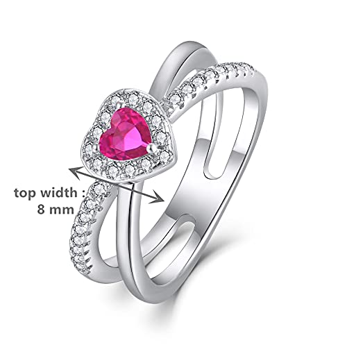 JO WISDOM Heart Rings for Women,925 Sterling Silver Ruby-Coloured Birthstone Heart Shaped Promise engagement rings for Women Size 10