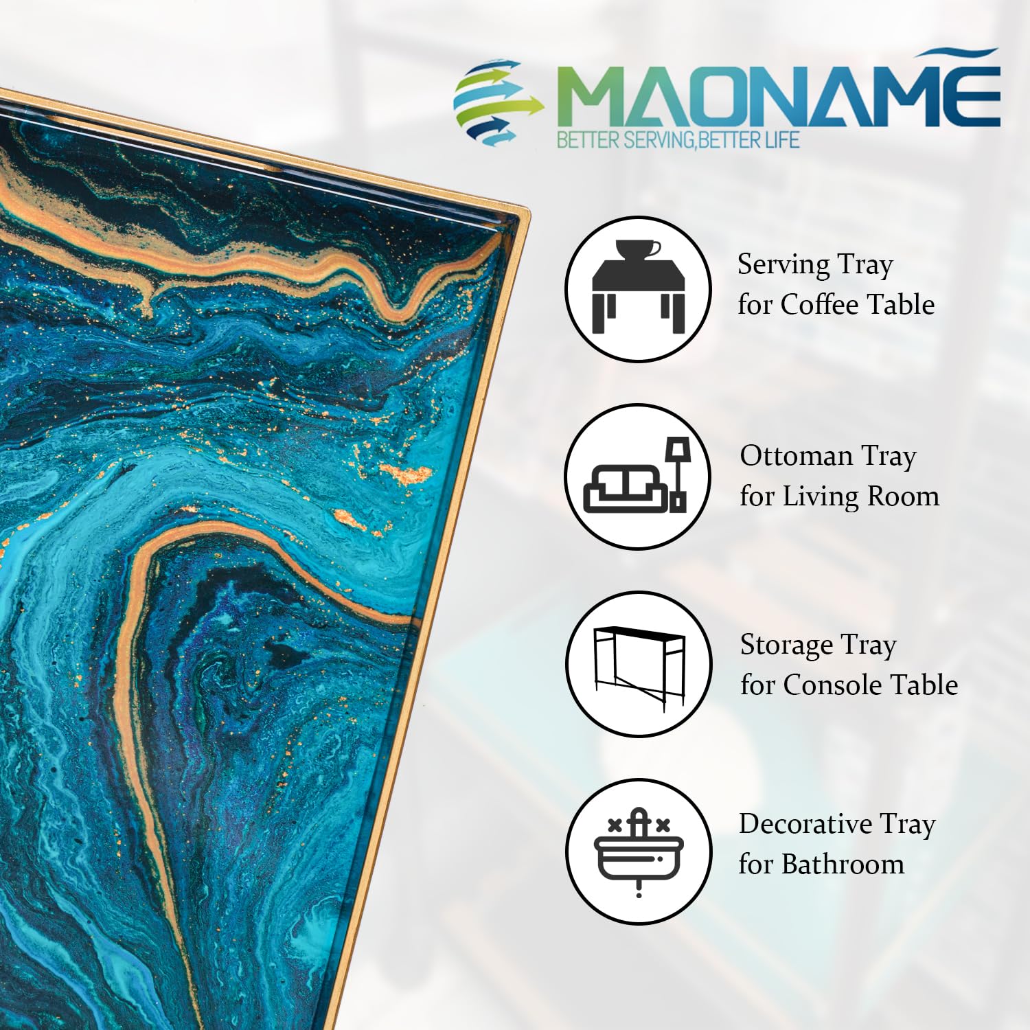 MAONAME Plastic Decorative Tray, Marbling Tray with Handles, Rectangular Coffee Table Tray, Serving Tray for Ottoman, Bathroom, 15.7β x 11.8β, Blue