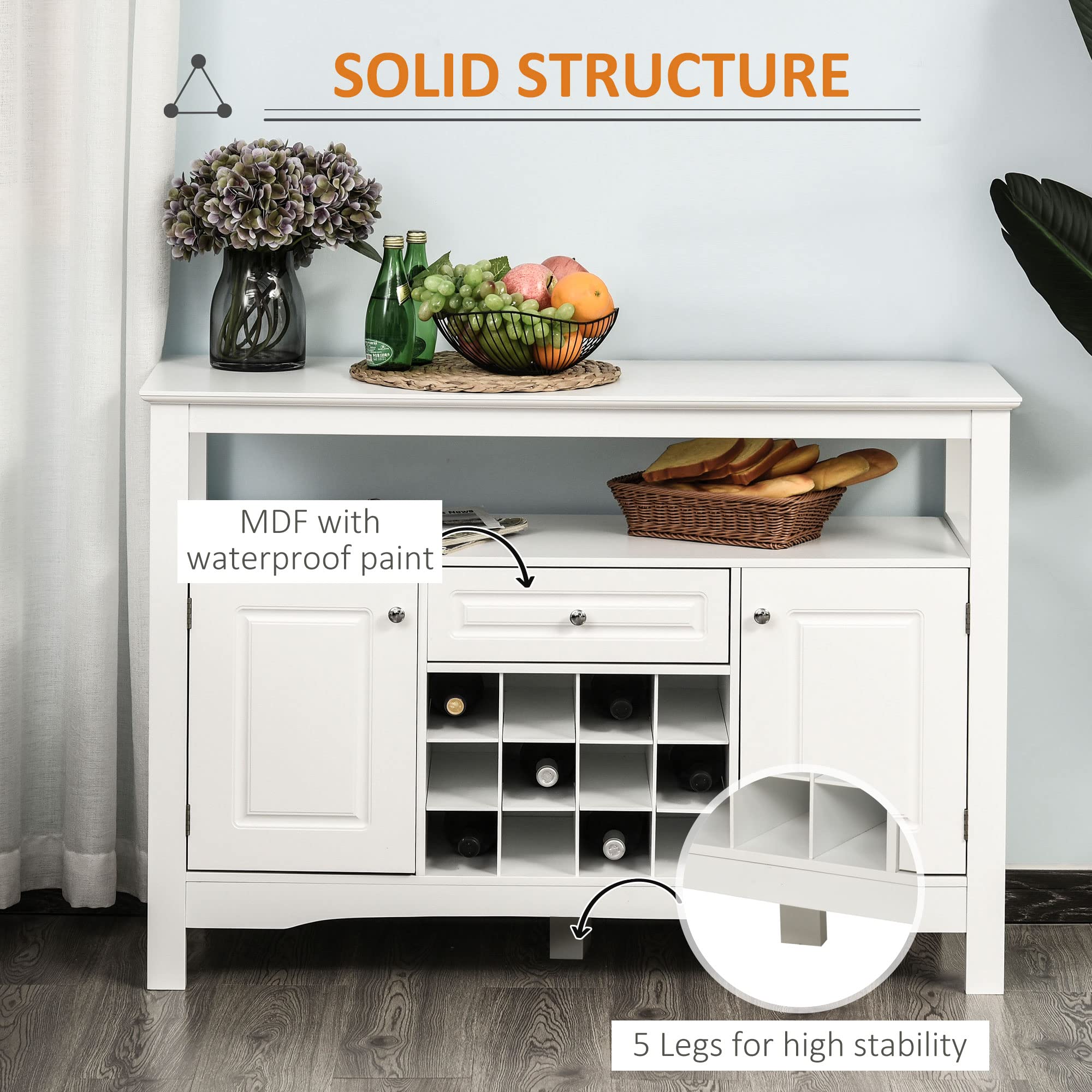 HOMCOM Coffee Bar Cabinet, Modern Sideboard Buffet Cabinet, Wine Cabinet with Drawer and 12-Bottle Wine Rack for Living Room, White