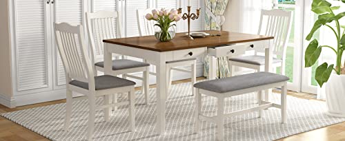 SIYSNKSI Mid-Century 6-Piece Dining Table Set with 4 Upholstered Dining Chairs and Bench, Wood Rectangular Dining Table with Drawer for Kitchen Living Room, Dining Table Set for 6 (Butter Milk+Grey)