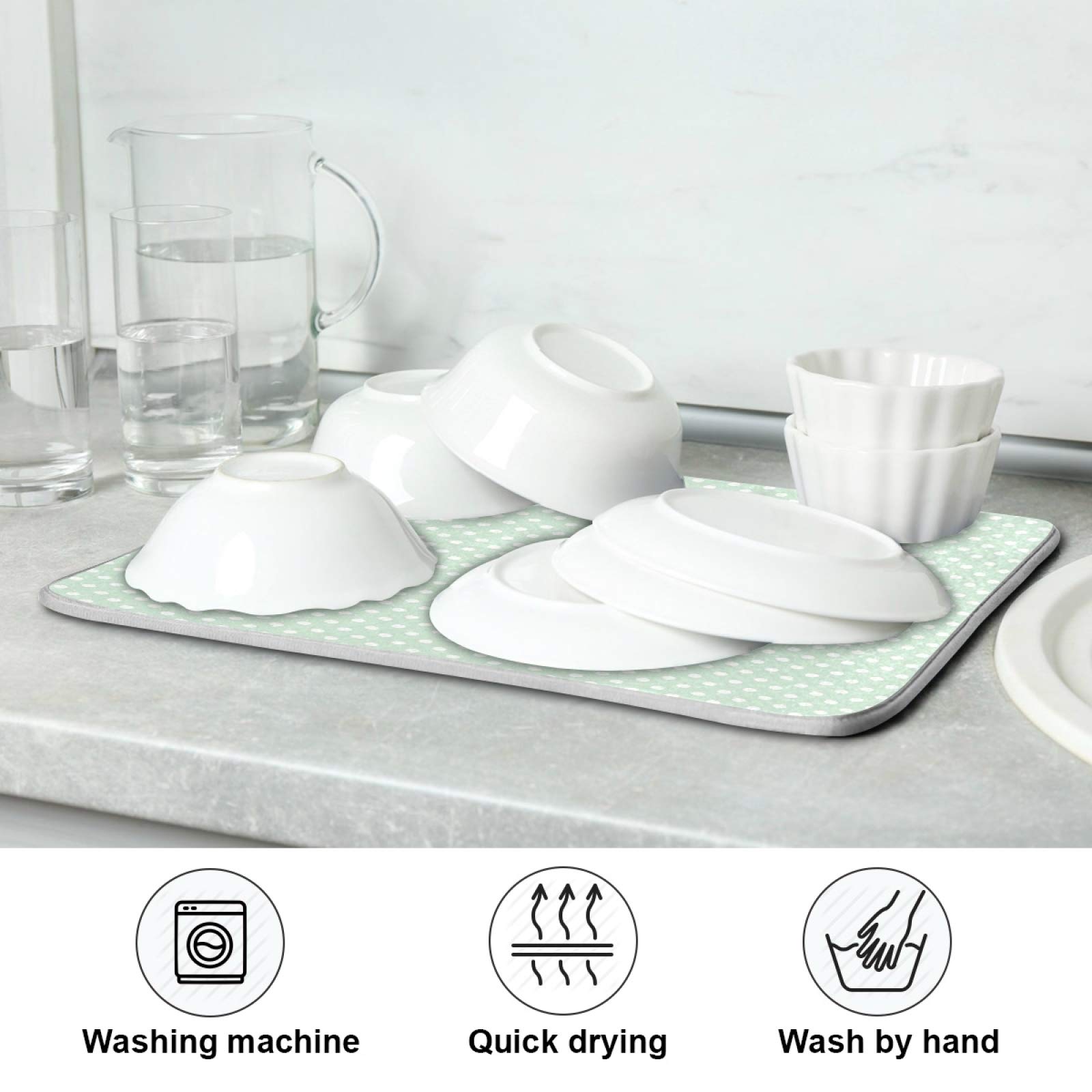 Mint Green Polka Dots Dish Drying Mat 16x18 for Kitchen Counter Cute Pastel Microfiber Dishes Pad Dish Drainer Rack Mats Absorbent Coffee Bar Mats Quick Drying Kitchen Accessories