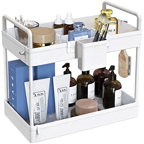 SOLEJAZZ Under Sink Organizers and Storage Multi-Purpose, 2 Tier Under Bathroom Cabinet Storage with Dividers, Hooks, Cup for Bathroom, Kitchen, White