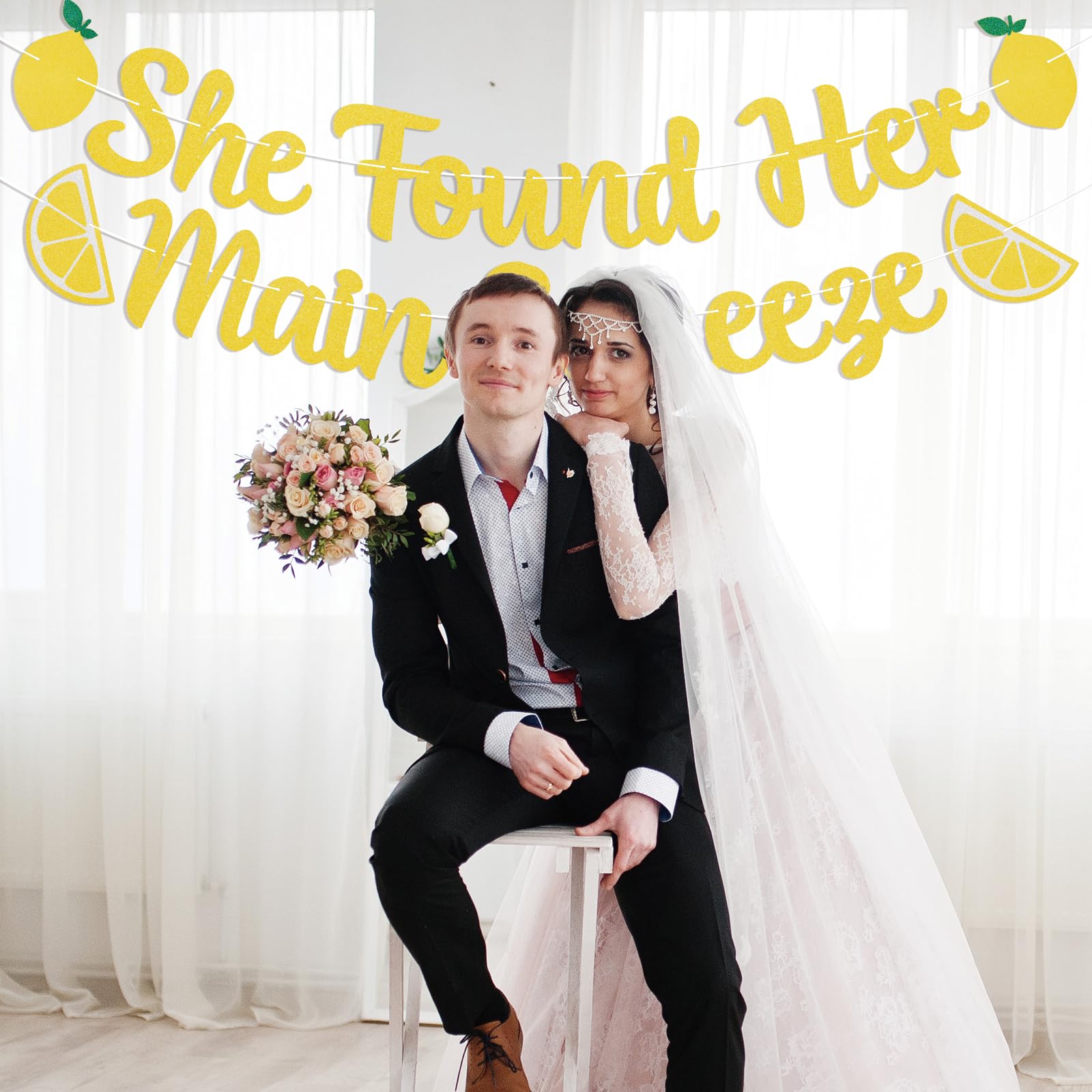 She Found Her Main Squeeze Banner - Spritz OโClock Banner, Lemon Citrus Lemonade Theme Bridal Shower Bride to Be Wedding Engagement Bachelorette Party Supplies Gold Glitter