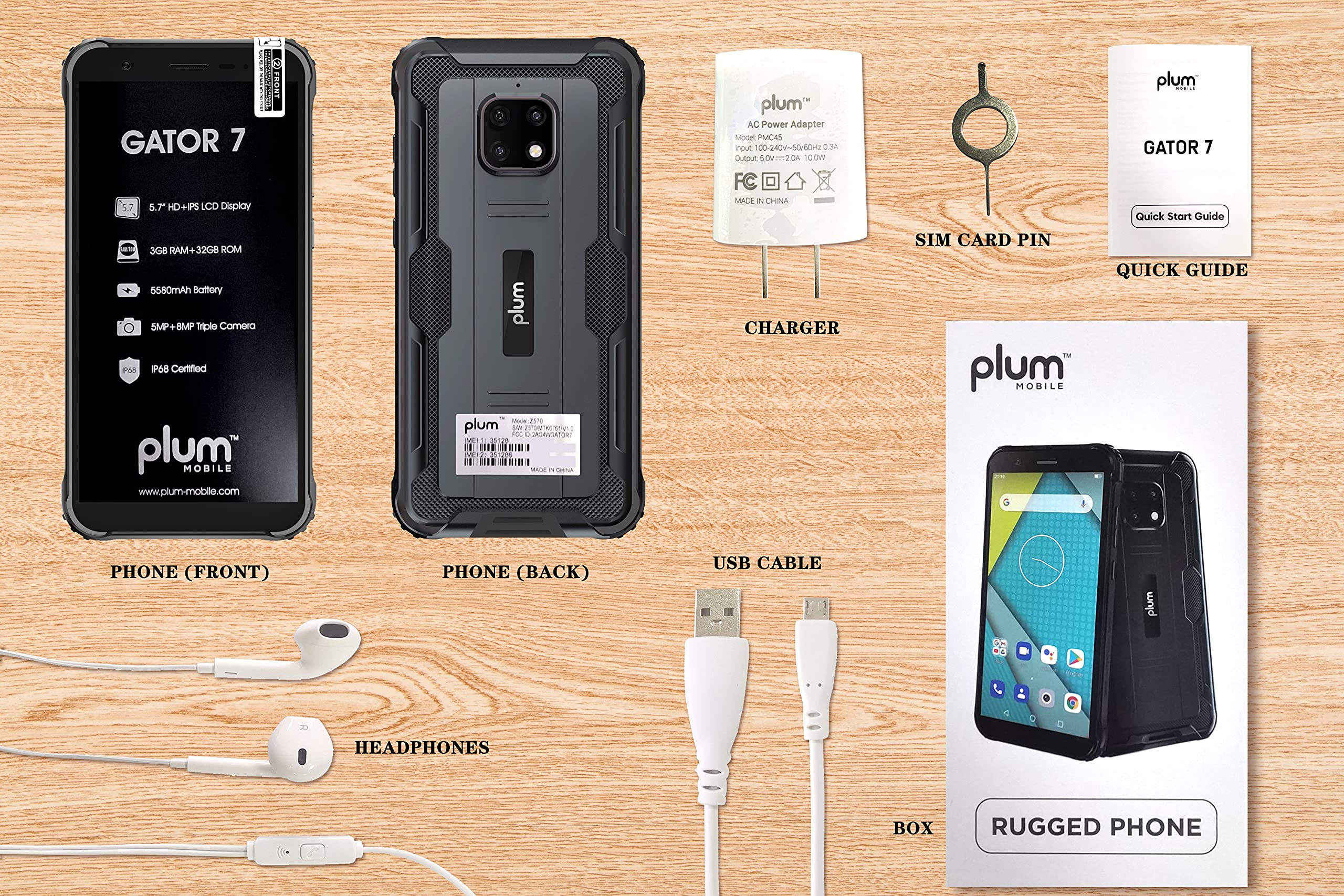 Plum Gator 7 4G Volte Unlocked Rugged Smart Phone Military Grade IP69 Water Shock Proof 5580 mAh Battery - Black