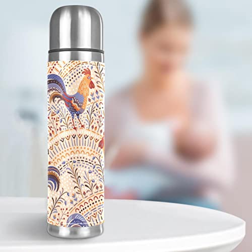 Seamless Art Cock Rooster Stainless Steel Water Bottle, Leak-Proof Travel Thermos Mug, Double Walled Vacuum Insulated Flask 17 OZ