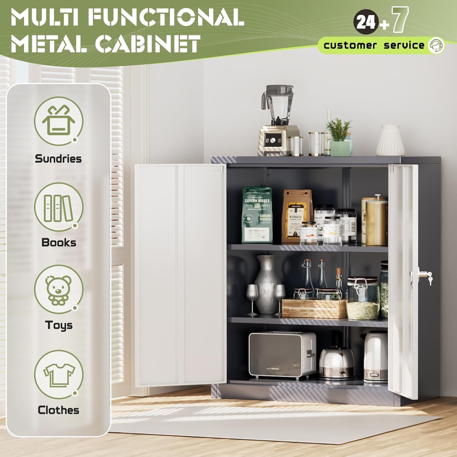 SUNCROWN Metal Storage Cabinets, 42”Locking Cabinet with Doors and Adjustable Shelves, Steel Utility Tool Garage Cabinets for Home, Office, Kitchen,Warehouse (Grey & White)