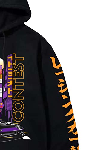 SOLY HUX Men's Graphic Hoodies Letter Car Print Long Sleeve Drawstring Pullover Sweatshirt Black M