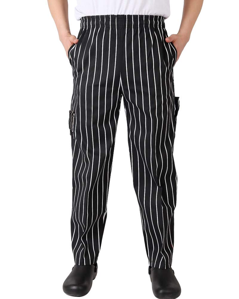 Menâs Classic Multi Pocket Baggy Chef Pant Black White Stripe Cargo Style Chef Uniforms L