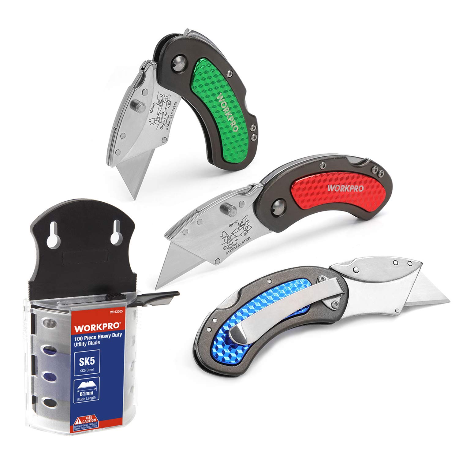 WORKPRO Utility Knife Blades Dispenser SK5 Steel 100-pack and WORKPRO 3-Piece Folding Utility Knife Set with 10-Piece Extra Blades