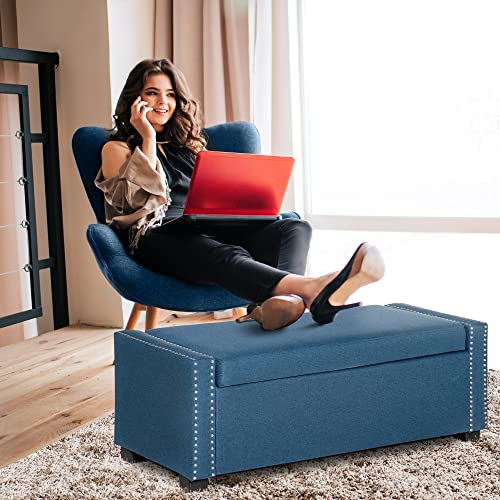HOMCOM Nailhead Trim Upholstered Flip Top Storage Bench, Fabric Ottoman for Bedroom, or Living Room, Blue