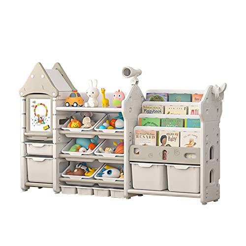 UNICOO - Kids Toy Storage Organizer and Children Bookshelf, with 14 Bins, Pull-Out Drawers Multipurpose Shelf for Toddlers to Organize Toys and Books (Magic Castle β White)