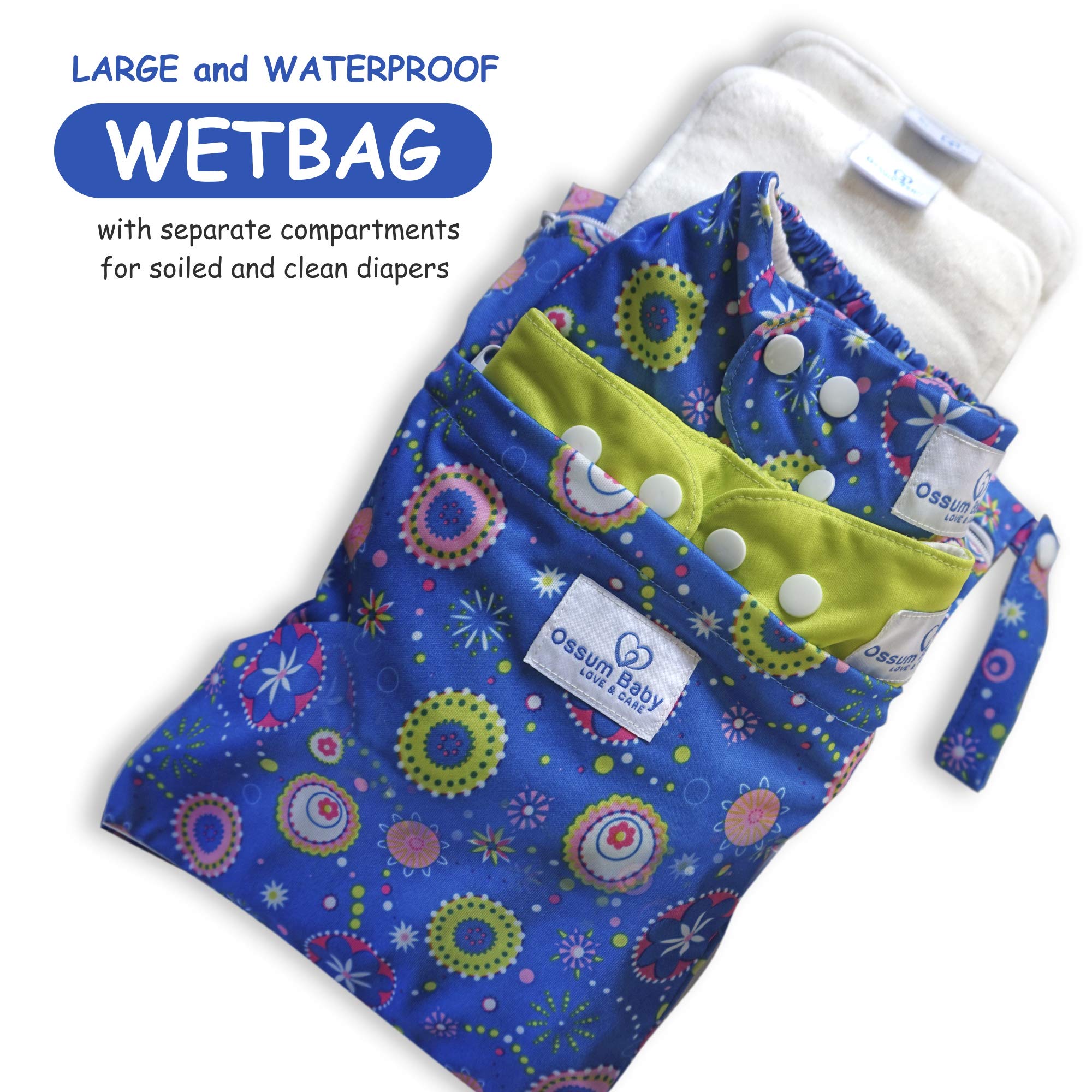 Ossum Baby Premium Cloth Diapers (New) - 6 Diaper Covers + 6 Bamboo Cotton Inserts (Super Soft & Absorbent) + Wetbag (B01), 0-24 Month, BG1