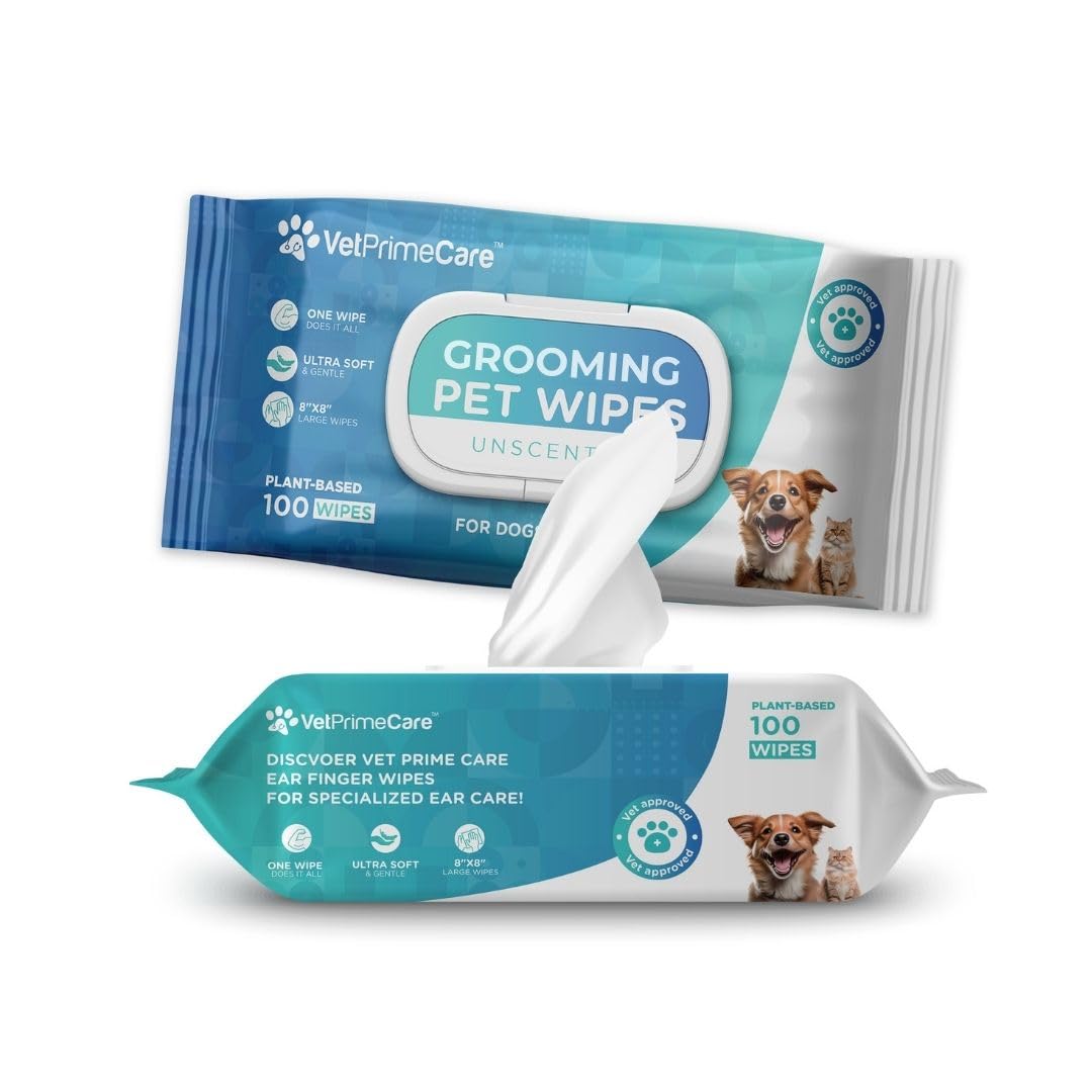 VET PRIME CARE Pet Grooming Wipes for Dogs & Cats, 8” x 8” Plant-Based, Wipes for Cleaning & Deodorizing, Suitable for Pets Body Like Face, Paws, Belly, and Butt, Unscented - 100 Count