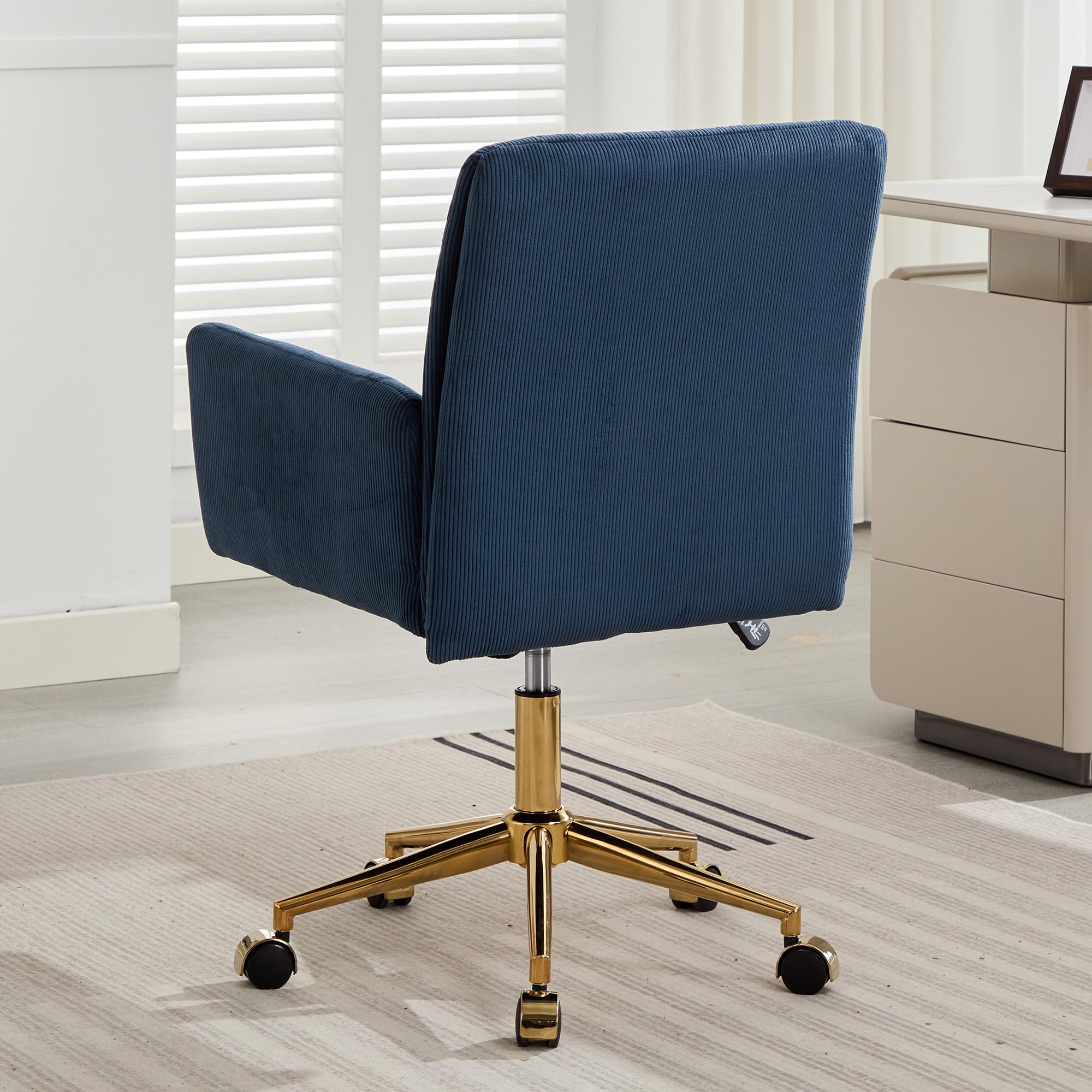 Stripes Velvet Home Office Desk Chair Accent Upholstered Modern Height Adjustable 360° Armchairs with Gold Base for Women Girls Ergonomic Study Seat Computer Task Stools for Living Room(Navy Blue)