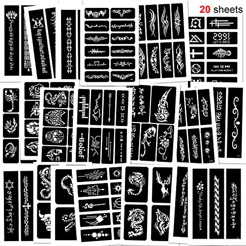 Konsait 123pcs Large Temporary Tattoos Stencils, 20 Sheets Boys and Man Glitter Tattoo Kit Templates Face Painting Stencil Body Art Stencil Pack for Adults Girls Women Kids Teenager Adultssigns